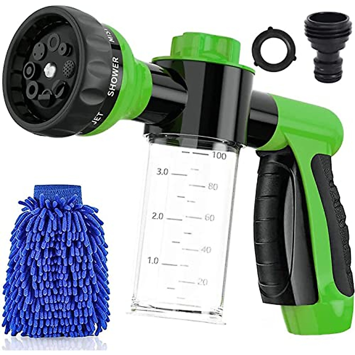 Searea Garden Hose Nozzle Adjustable Hose Spray Nozzle High Pressure 8 Watering Pattern with 3.5Oz Soap Sprayer Power Garden Water Hose Foam Nozzle Sprayer for Car Washing Pet Shower(Green)