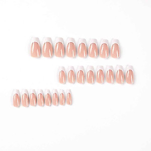 Foccna Nude Fake Nails Long, French Coffin Glossy Press on Nail False Tips Artificial Finger Manicure for Women and Girls 24pcs