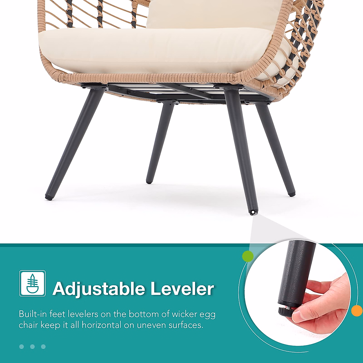 Patiorama Wicker Egg Chair Outdoor Indoor, Rattan Lounge Chair for Outside w/Legs Cushion, Basket Wicker Chair for Bedroom Living Room Front Porch Backyard Garden 350 lbs Capacity (Creamy White)