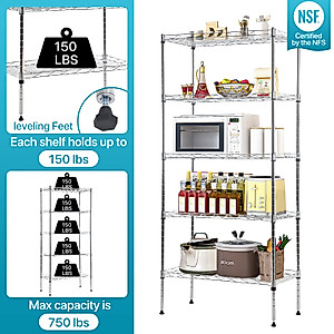 Dlewmsyic 5-Tier Storage Shelving Unit, NSF Shelf Rack Height Adjustable, Steel Organizer Wire Shelves for Small Places Kitchen Garage Pantry (Chrome, 21.5" L x 11.6" W x 47.6" H)