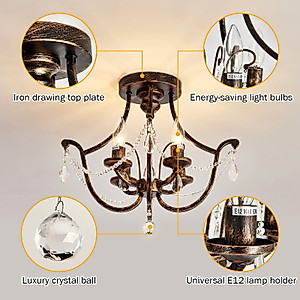 UOFUS Vintage Semi Flush Mount Crystal Chandelier Oil Rubbed Bronze 4-Light Small Metal Ceiling Light Fixture Farmhouse Ceiling Lamp for Foyer Kitchen Entryway Hallway Bathroom Bedroom Dining Room