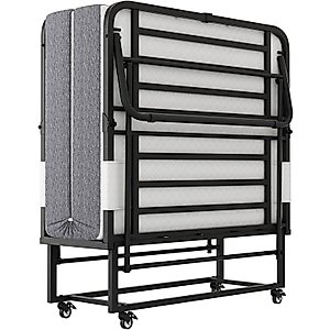 Espsilto Folding Bed with Mattress, 75" x31‘’RollAway Bed for Adults, Portable Foldable Bed for Guest with Memory Foam Mattress on Wheels for Saving Space