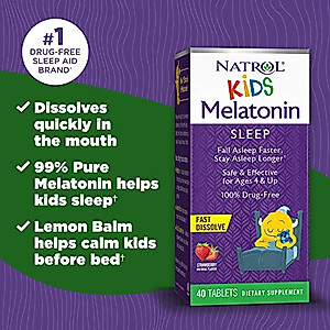 Natrol Kids 1mg Melatonin Fast Dissolve Sleep Aid Tablets, with Lemon Balm, Supplement for Children Ages 4 and up, Drug Free, Dissolves in Mouth, 40 Strawberry Flavored Tablets