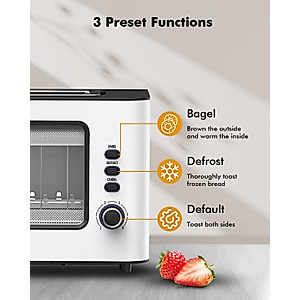 Clear View Toaster, LONGDEEM 1.75'' Extra Long Slot Glass Toasters Stainless Steel 2 Slice with 6 Browning Control for Bagel, Defrost & Auto Shut Off with Removable Crumb Tray, White