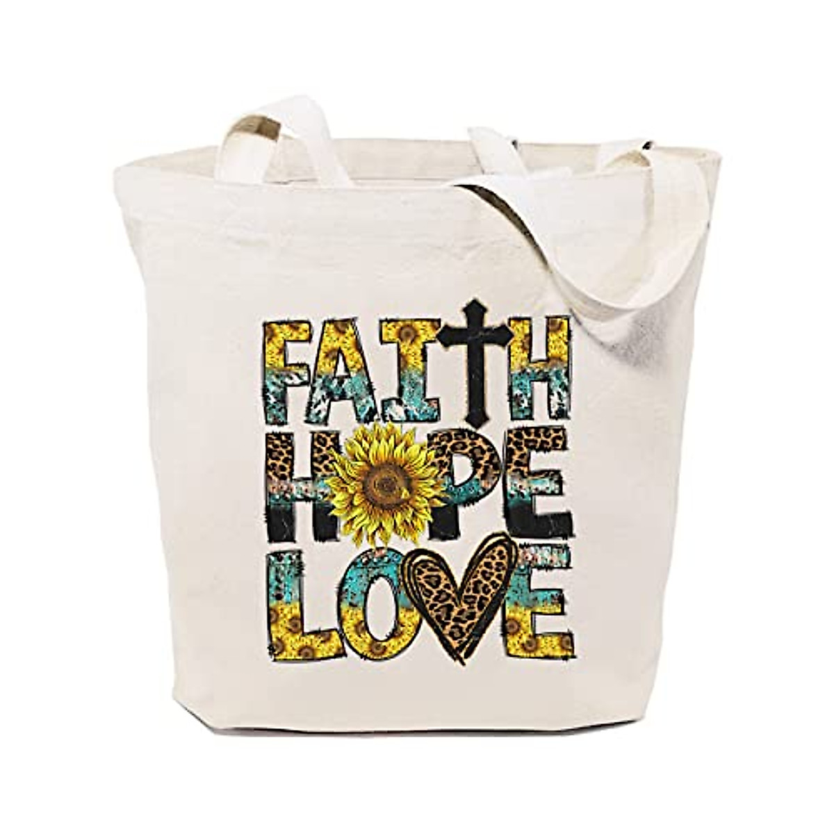 GXVUIS Faith Hope Love Canvas Tote Bag for Women Sunflowers Leopard Print Reusable Grocery Shopping Bags Christian Gifts White