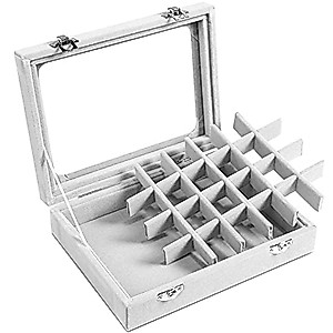 CBCYBER Jewelry Box 24 Grid Velvet Jewelry Tray for Drawers Glass Clear Lid Showcase Display Storage Ring Trays Holder Earrings Organizer Case(Grey)