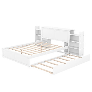 DRELOFT Storage Platform Bed Frame Queen with Pull Out Shelves and Twin XL Size Trundle, Wooden Platform Bed with Storage Headboard for Bedroom, No Box Spring Needed, Easy Assembly, White