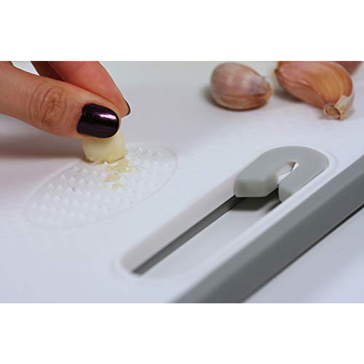 3-in-1 Plastic Cutting Board with Built-In Knife Sharpener, Garlic Grater, Raised Juice Catcher, Slip-Resistant Bottom, Non-Stick Food Prep Surface, Meat, Vegetable, Cheese