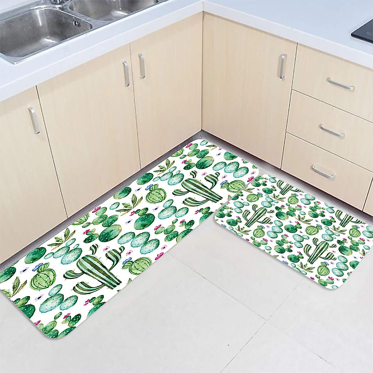 Succulent Cactus Anti Fatigue Kitchen Rug Set 2 Cushioned Kitchen Floor Mats Set Waterproof Heavy Duty Standing Mats Non Slip Nature Watercolor Botanical Desert Plant Flowers 19.7x31.5in+19.7x47.2in
