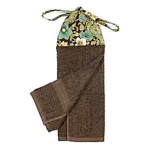 Teal and Cream Flowers and Paisley with Gold on Brown Reversible Ties On Stays Put Kitchen Hanging Loop Hand Dish Towel