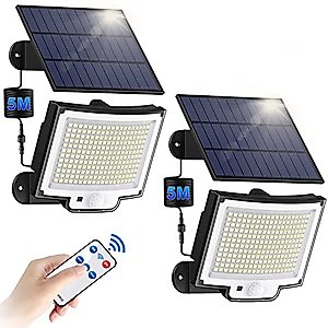 Solar Outdoor Lights Motion Sensor [3 Modes/228LED] Solar Flood Lights Dusk to Dawn, IP65 Waterproof Led Solar Security Lights with Remote for Garage, Patio, Outside, Yard, Garden (5M Cable, 2Pack)