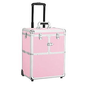 Yaheetech Professional Makeup Train Case Travel Makeup Trolley Rolling Cosmetic Case Beauty Train Case Beauty Organizer, Pink