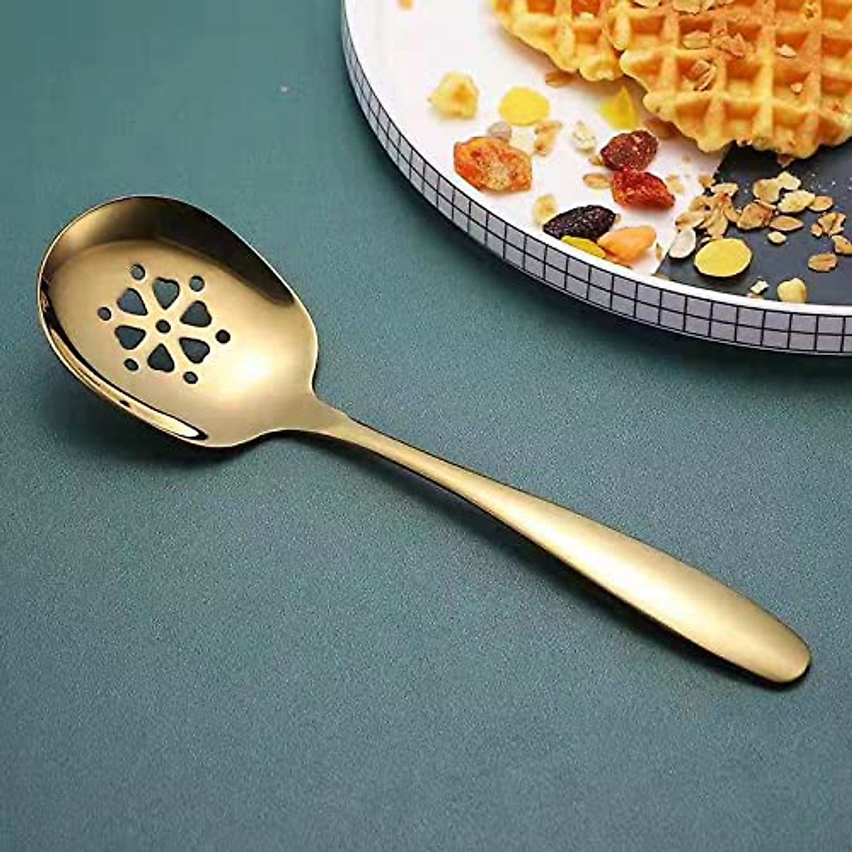 Serving Spoons,ToppingBest Slotted Spoon 304 Stainless Steel for Buffet Party Restaurant Banquet Metal Comically Large Spoon,Serving Utensils Dishwasher Safe (Golden)