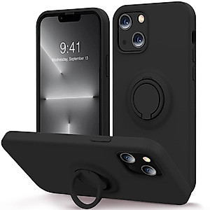 MOCCA Compatible with iPhone 13 Mini Case with Ring Kickstand |Liquid Silicone| Microfiber Linner | Anti-Scratch Full-Body Shockproof Protective Case for iPhone 13 Mini 5.4inch-Black