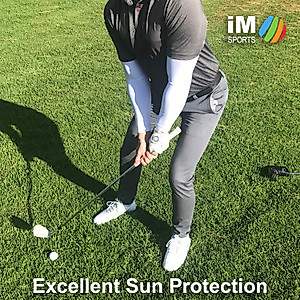 iM Sports LONG DRIVER Golf Sun Sleeves + Blocks 98% UV + Compression + Made in USA - White - Medium/Large - Pair