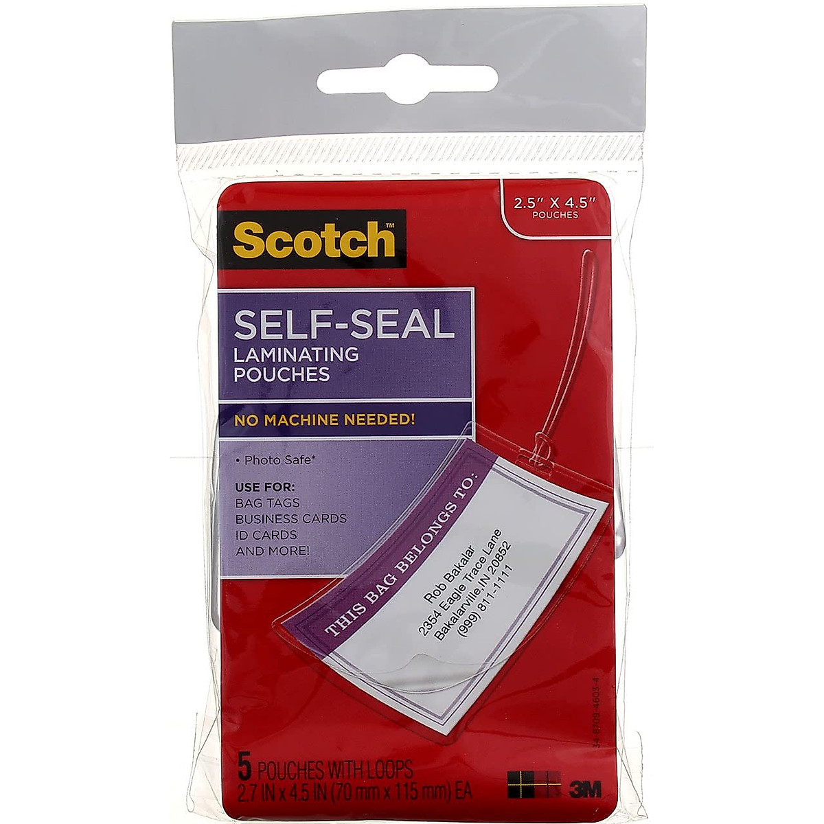 Scotch Self-Sealing Laminating Pouches, 12.5 mil, 2 13/16 x 4 9/16, Luggage Tag, 5/Pack