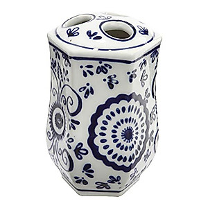 A&B Home 4 Piece Blue & White Ceramic Bathroom Set w/Soap Dispenser Toothbrush Holder Tumbler & Soap Dish