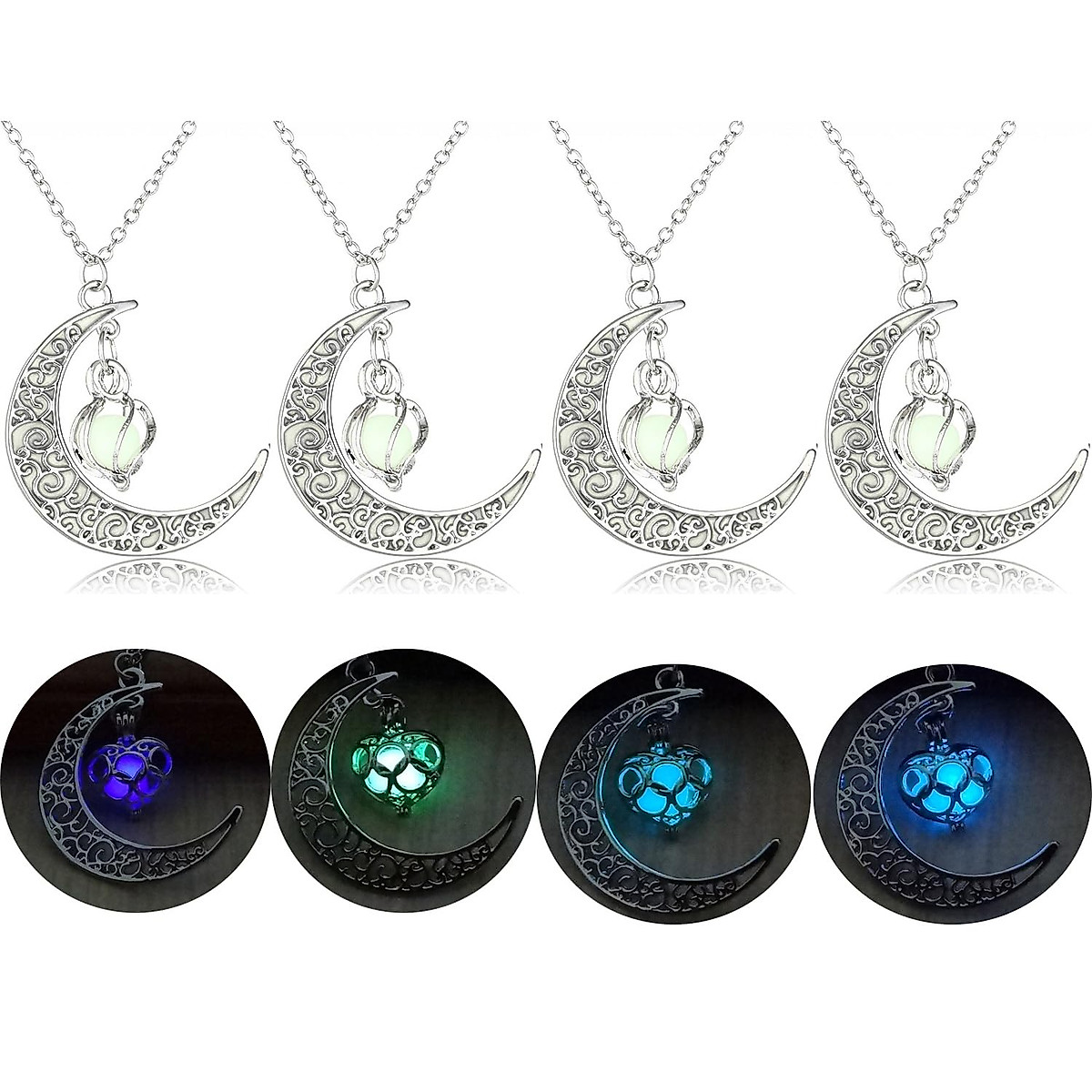 Fineder 4 Colors Luminous Series Moon Love Heart Pendant Necklace Fluorescent Necklace, Glow in the Dark Necklace