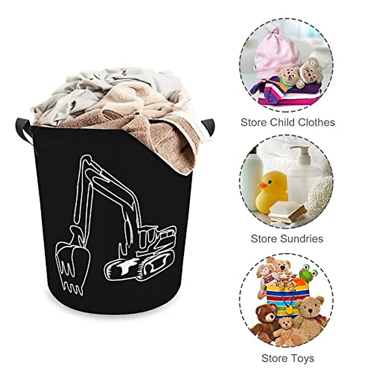 Excavator Operator Foldable Laundry Basket Waterproof Hamper Storage Bin Bag with Handle 16.5"x 16.5"x 17"