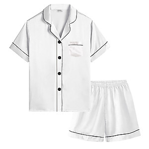 SWOMOG Toddler Girls Boys Silk Pj Cute Short Sleeve Button-Down Pajamas Set Nightwear Lounge Sets with Shorts White