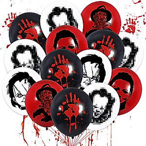 Whaline 65Pcs Halloween Balloons Black White Red Blood Splatter Balloons Bloody Handprint Latex Balloons Scary Party Decoration for Halloween Party Favor Haunted House Crime Scene Party Supplies