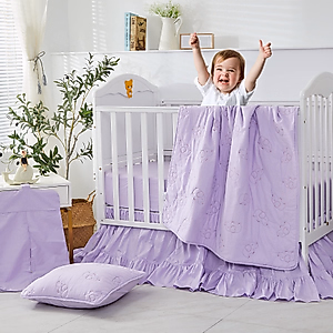Brandream Crib Bedding Sets for Girls with Purple Elephant Embroidery 100% Washed Pure Cotton Baby Nursery Bedding Set 3 Pieces
