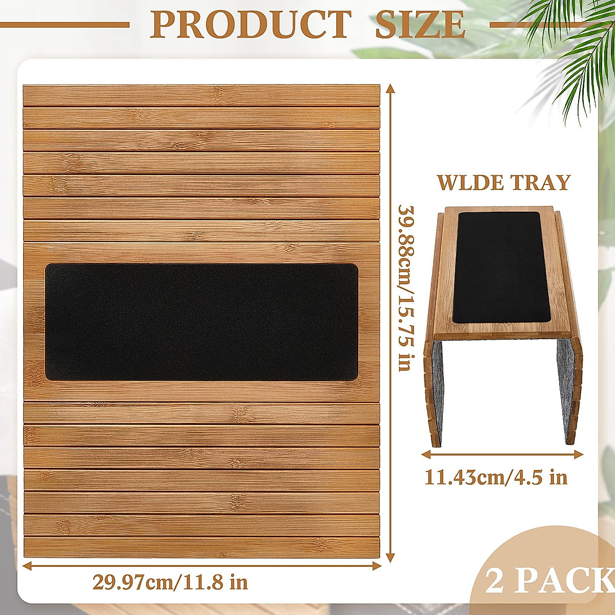 Maitys 2 Set Bamboo Wood Sofa Arm Tray TV Side Table for Couch Anti Slip Armrest Organizer Protector Drink Holder Drink Coaster Remote Caddy for Chair Birthday Housewarming Wedding Gifts