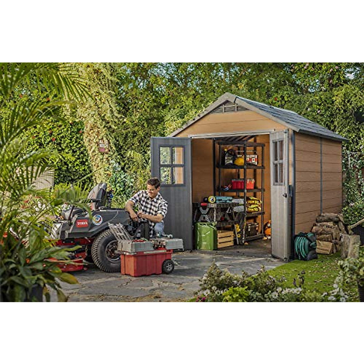 Keter Newton 7.5x9 Large Resin Outdoor Storage Shed Kit – Perfect to Store Patio Furniture, Garden Tools, Bike Accessories, and Lawn Mower, Mahogany Brown