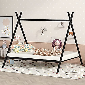 LCH Full Size House Bed Metal Tent Bed Frame, Floor Play House Bed Frame with Slat, Platform Bed for Kids Girls Boys, Teens No Box Spring Needed,Suitable for Bedroom,Apartment and Dorm (Black)