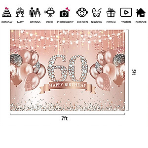 Pink Rose Gold Happy 60th Birthday Party Backdrop Glitter Diamonds and Balloons Lights Birthday Background Sixty Years Old Age Women Birthday Party Decorations Cake Table Supplies 7x5ft