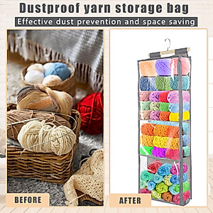 YEXEXINM Hanging Yarn Storage with 4 Large Pockets, Clear Knitting Organizer Storage with Zippers for Crochet Lovers, Hanging Yarn Holder with Over-Door Hooks for Knitting Needles Crochet Hooks