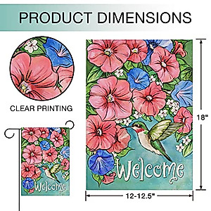 Hzppyz Welcome Spring Floral Flowers Garden Flag Double Sided, Morning Glory Hummingbird Birds Decorative Yard Outdoor Home Small Decor, Summer Farmhouse Burlap Outside House Decoration 12 x 18