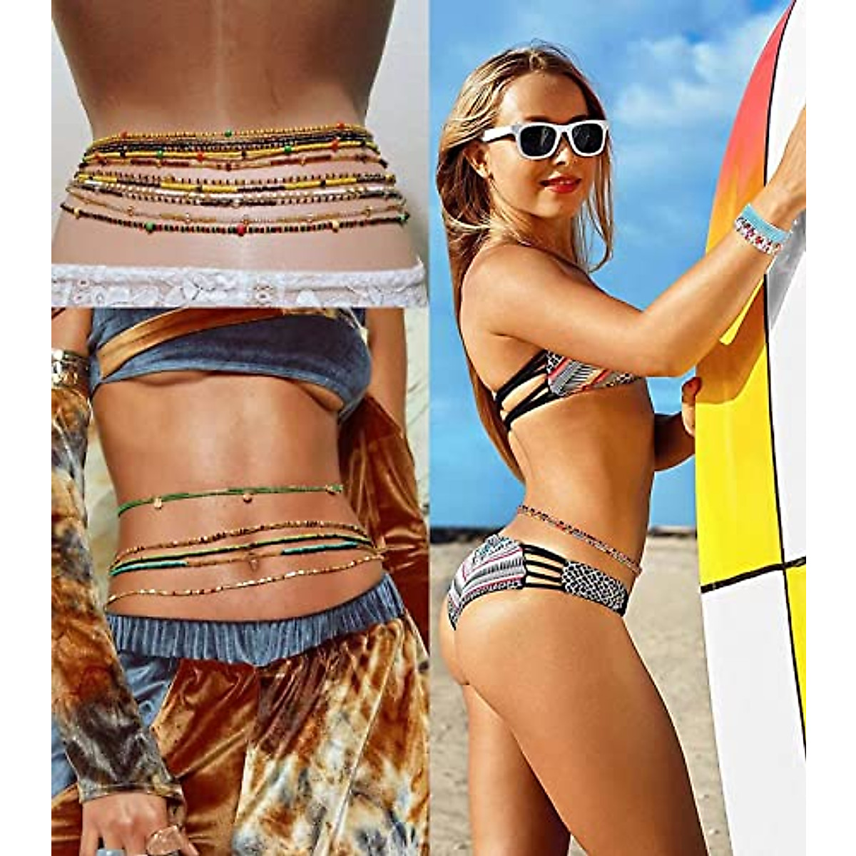12PCS 24-70 Inches Plus Size Waist Beads Chains for Women Handmade African Belly Beads Layered Body Chain Beach Bikini Jewelry
