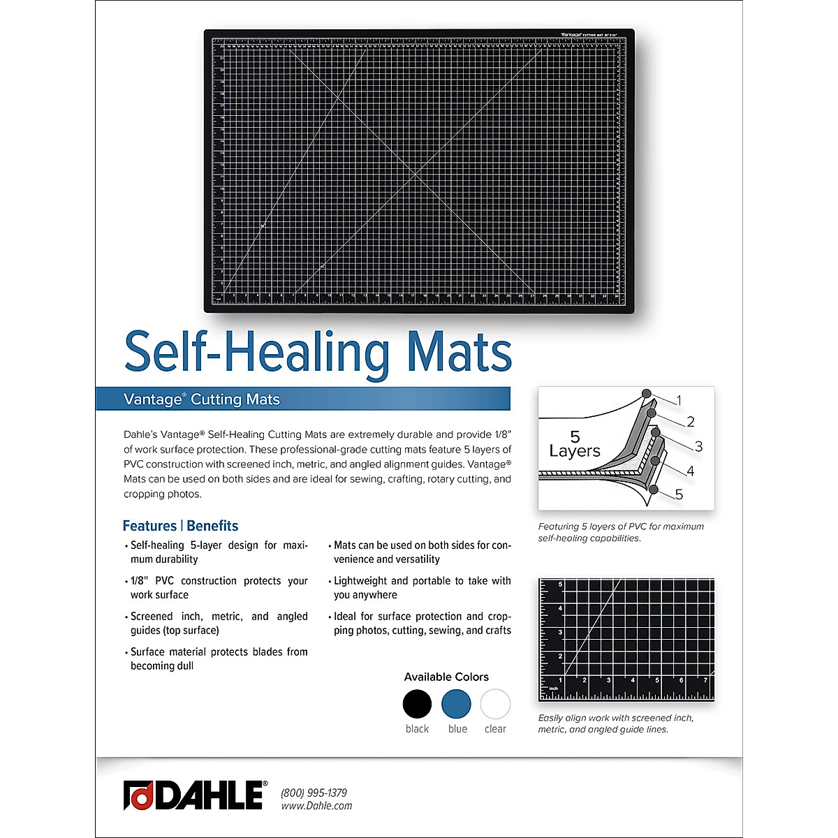 Dahle Vantage 10673 Premium Self-Healing Cutting Mat, 24"x36", 1/2" Grid, 5 Layers for Max Healing, Perfect for Crafts & Sewing, Black