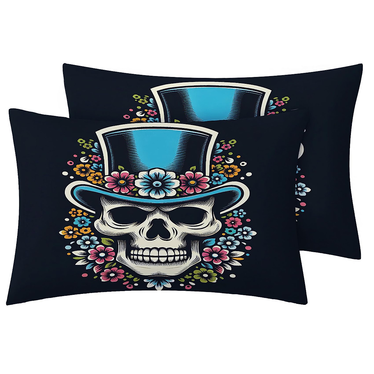 zcwl Day of The Dead Duvet Cover Queen Size | Hat Skull Floral Bedding Set | 3 Piece | Soft Microfiber Patterned Comforter Cover with Zipper Ties & 2 Pillowcases | Mexican Bedroom Decor