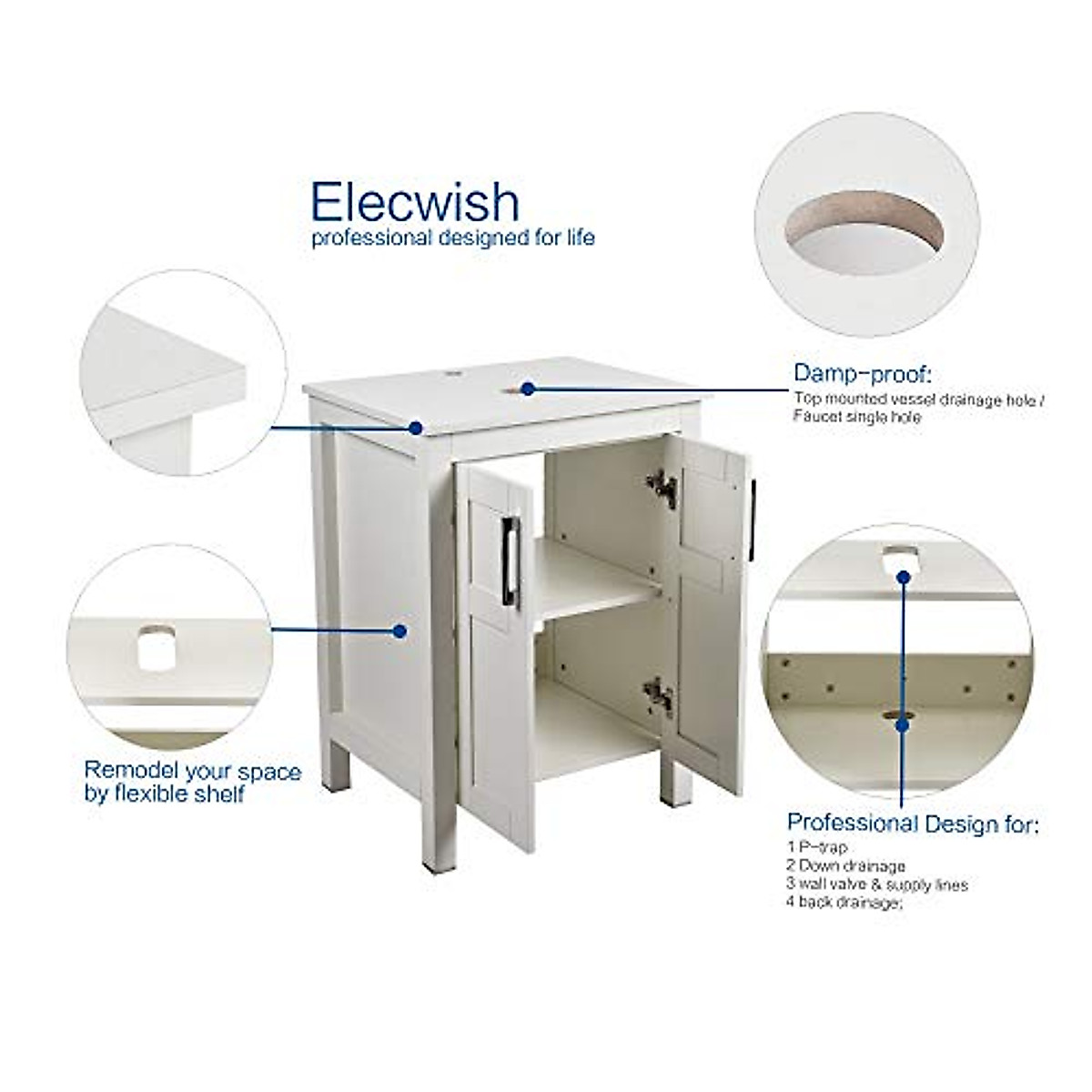 Puluomis 24 Inches Bathroom Vanity, Modern Stand Pedestal Cabinet, Wood White Fixture, Without Mirror