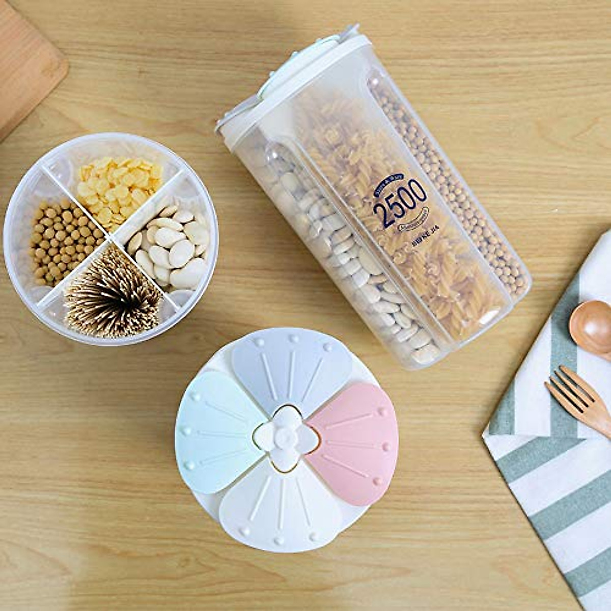 Cereal Storage Container, Airtight Food Storage Container BPA Free Plastic Cereal Dispenser Large Kitchen Storage Keeper with Lids and Compartments for Grain, Sugar, Flour, Rice, Nuts, Snacks (2.5L)