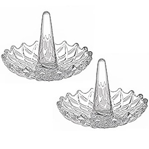 MyGift Clear Glass Ring Cone with Tray, Engagement Wedding Ring Holder with Round Starburst Design, Small Jewelry Ring Dish, Set of 2