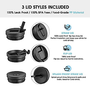 COKTIK 40 oz Insulated Tumbler with Straw, 3 Lids (Straw/Flip), Vacuum Insulated Travel Mug Stainless Steel Tumbler(1Pack,Black)