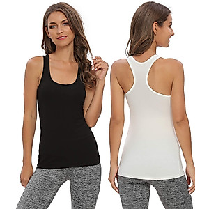 Star Vibe Racerback Workout Compression Tank Tops for Women Scoop-Neck Basic Tanks Yoga Undershirt Sleeveless Exercise Activewear Tops 4 Pack Black/White/Army Green/Black Stripe M