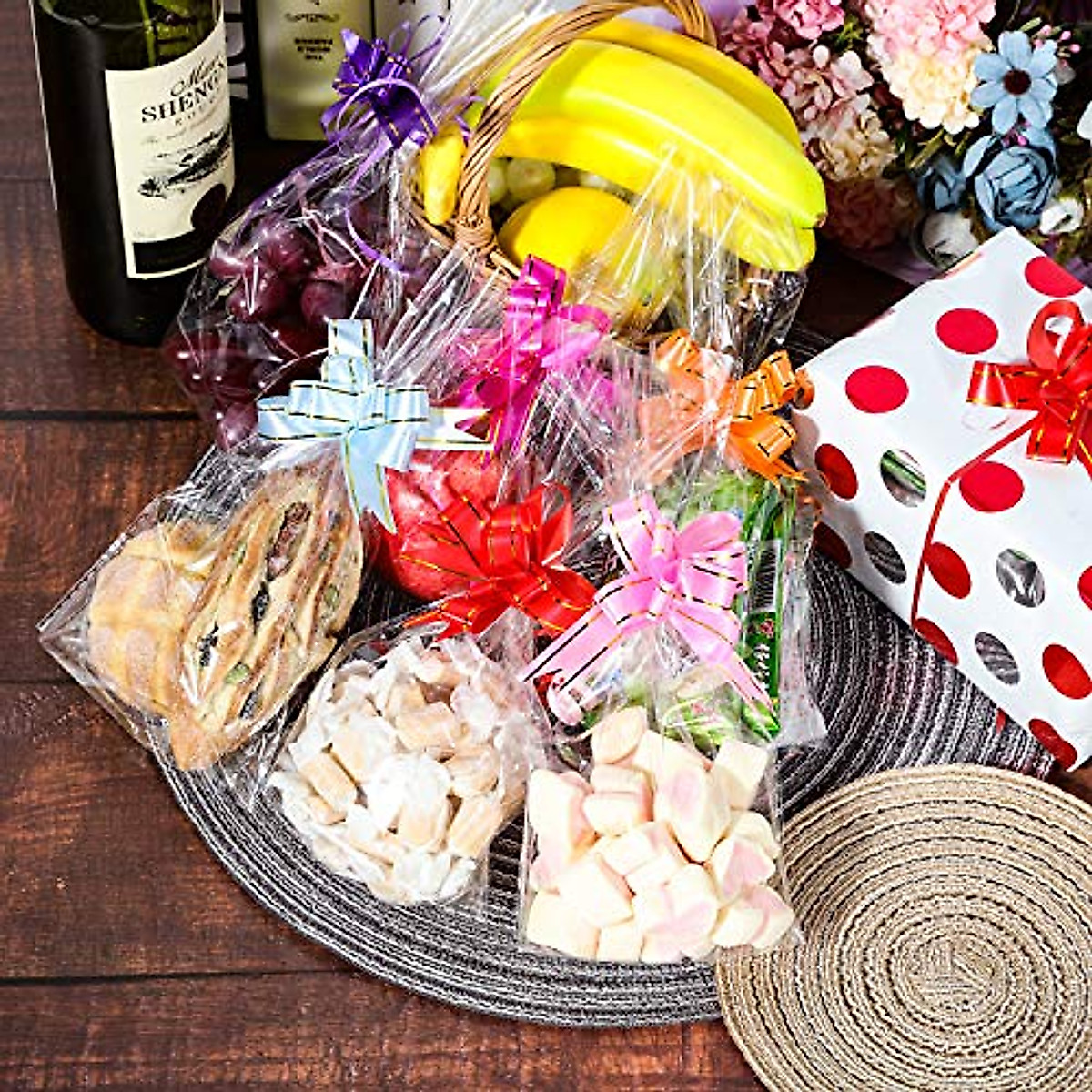 HESTYA 50 Counts Clear Flat Cello Treat Bags Cellophane Block Bottom Storage Bags Sweet Party Gift Home Bags with 60 Pieces Colorful Bag Ties (15 x 25 cm/ 5.9 x 9.8 Inch)