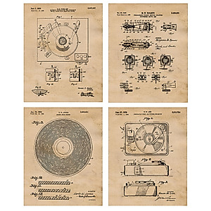 Vintage Vinyl Record Player Patent Prints, 4 (8x10) Unframed Photos, Wall Art Decor Gifts for Home Office Studio Gears Garage Man Cave College School Student Teacher Coach DJ Rock Roll Music Fans
