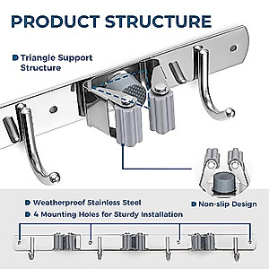 Damita Broom Holder Wall Mount, 3 Racks 4 Hooks Mop Hanger Wall Mount for Kitchen Garage Garden Metal Tool Organization - 304 Stainless Steel Non-slip Broom Organizer Wall Mount (1 Pack, Silver)