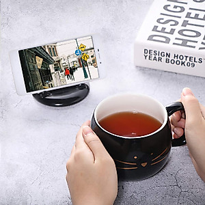 Koolkatkoo Cute Cat Coffee Mug with Cell Phone Holder Lid for Cat Lover Unique Ceramic Tea Mugs with Gold Cat Porcelain Cup Gift for Women Black
