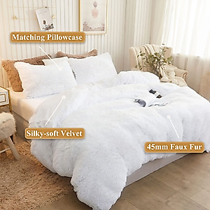 XeGe Plush Shaggy Duvet Cover Set, Luxury Ultra Soft Velvet Fluffy Bedding Sets 3 Pieces(1 Furry Faux Fur Comforter Cover King Size + 2 Fuzzy Faux Fur Pillowcases), Zipper Closure(King, White)