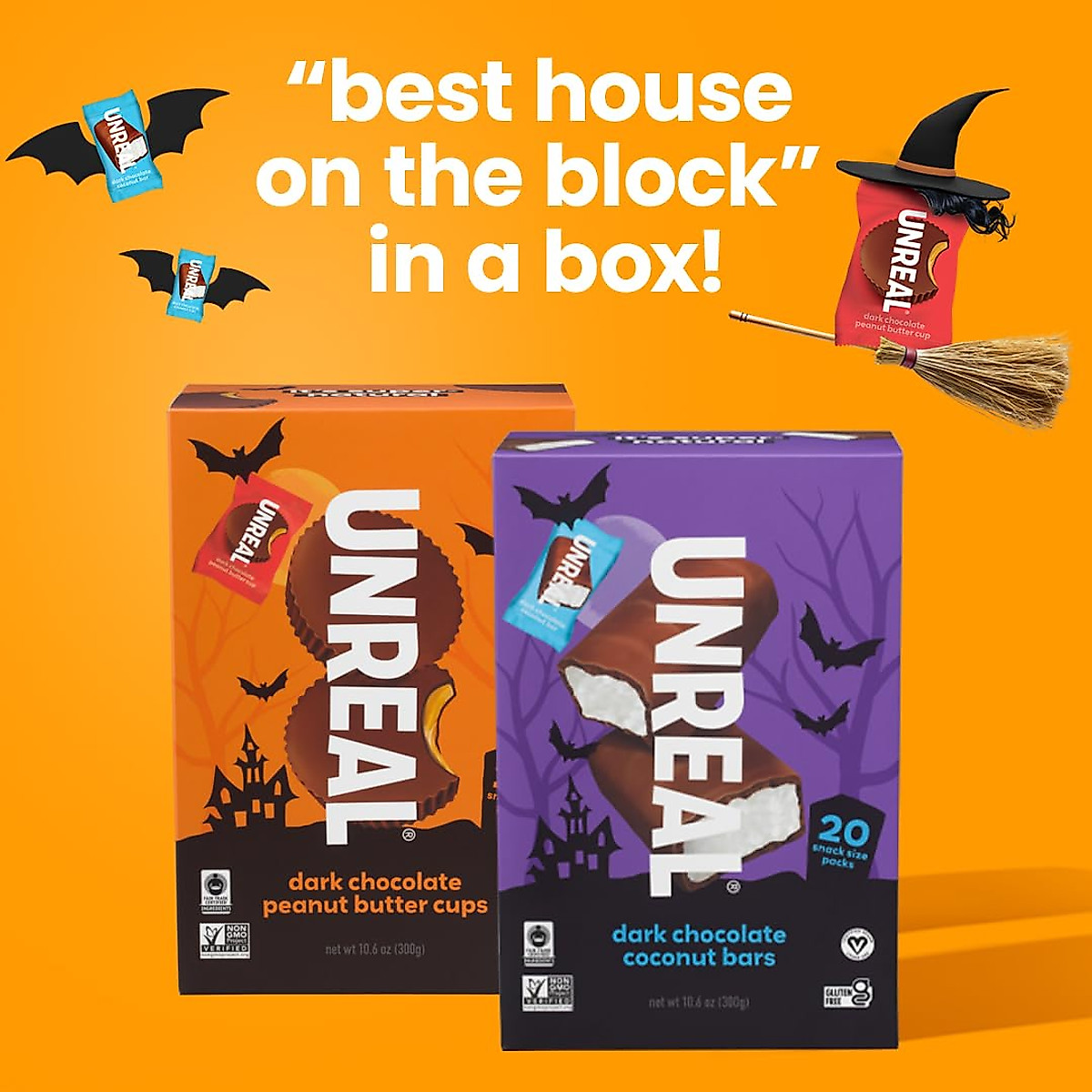 Halloween Edition UNREAL Dark Chocolate Peanut Butter Cups (40 Cups) | 5g Sugar | Certified Vegan, Gluten Free, Fair Trade, Non-GMO | No Sugar Alcohols or Soy | 2 boxes