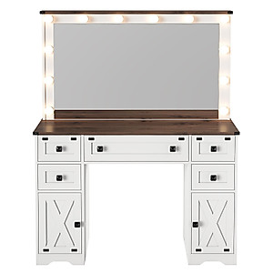 Hasuit Farmhouse Vanity Desk with LED Lights Mirror & Power Outlet 43'' Makeup Vanity Table with 5 Drawers & 2 Cabinets, Dressing Table for Bedroom,3 Color Lighting Modes Adjustable Brightness,White