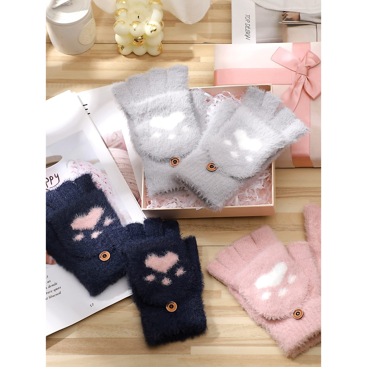 Bencailor 3 Pairs Winter Fingerless Gloves Warm Convertible Mittens Flap Cover Cat Paw Gloves for Women Cold Weather Cosplay (Light Gray, Pink, Navy Blue)