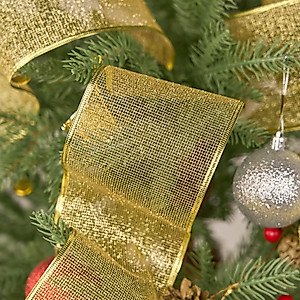 PAPER FAIR 1 Roll 4 Inch Wide 10 Yd Gold Glitter Wired Ribbon, Metallic Gold Mesh Wired Edge Ribbon for Christmas Tree Décor, Gift Wrapping Box, Bows, Wreath, Garland, DIY Craft