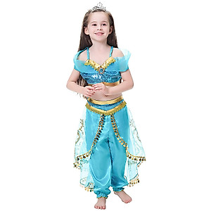 Tacobear Jasmine Costume for Girls Arabian Sequined Jasmine Dress up with Wig Tiara Wand Cosplay for Kids (130(5-6T), 01 Jasmine Costume with Wig)